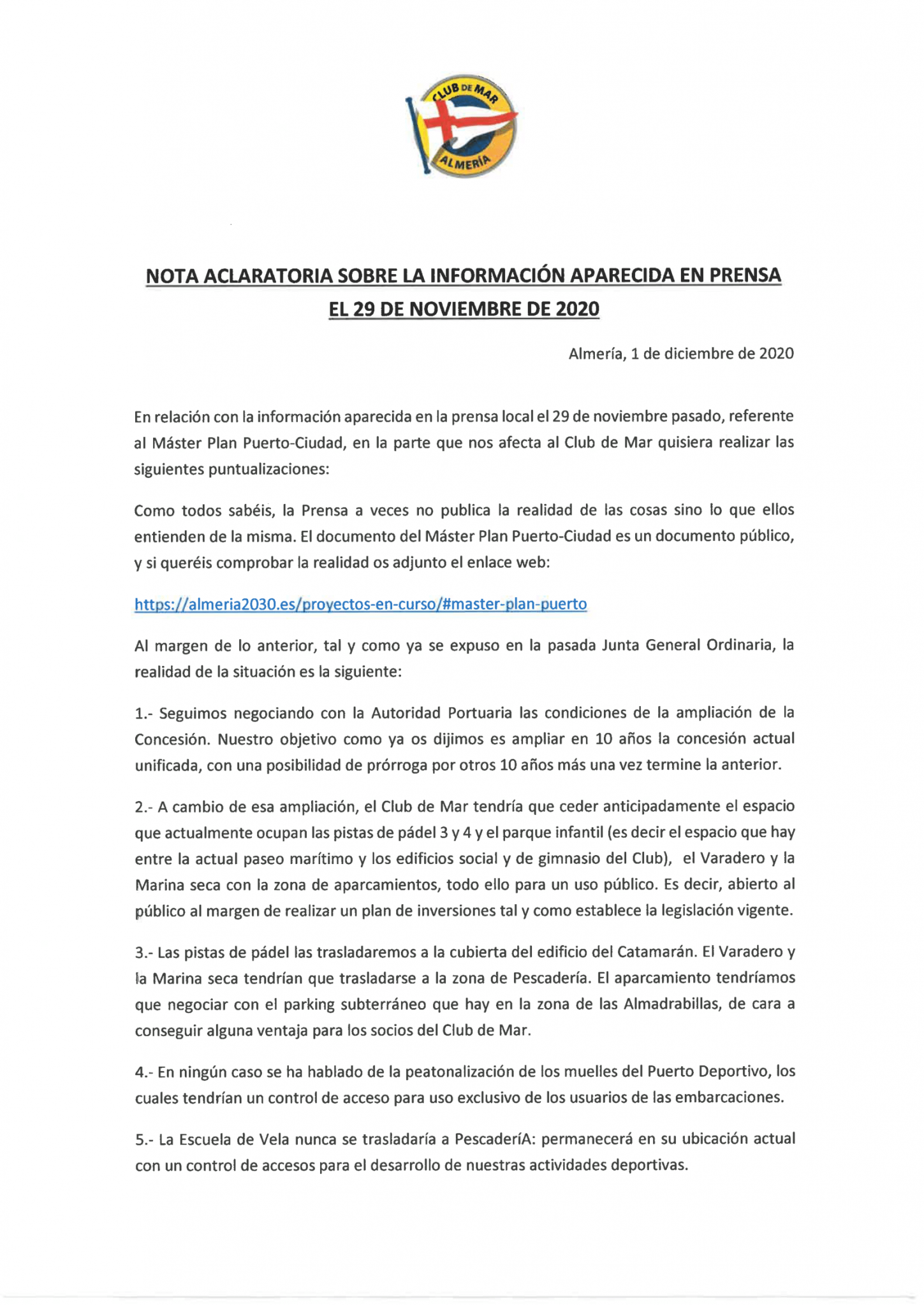 Plan Puerto Ciudad | Nota informativa del Presidente | Club de Mar Almería